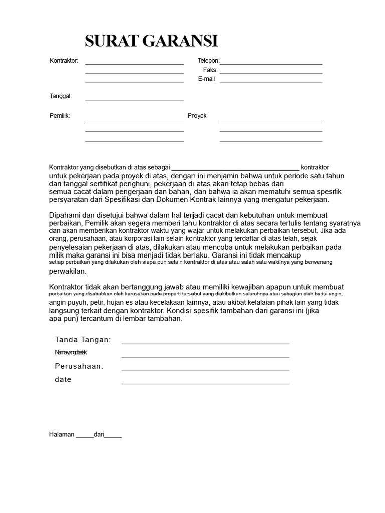 Surat Garansi Kontraktor Proyek | PDF