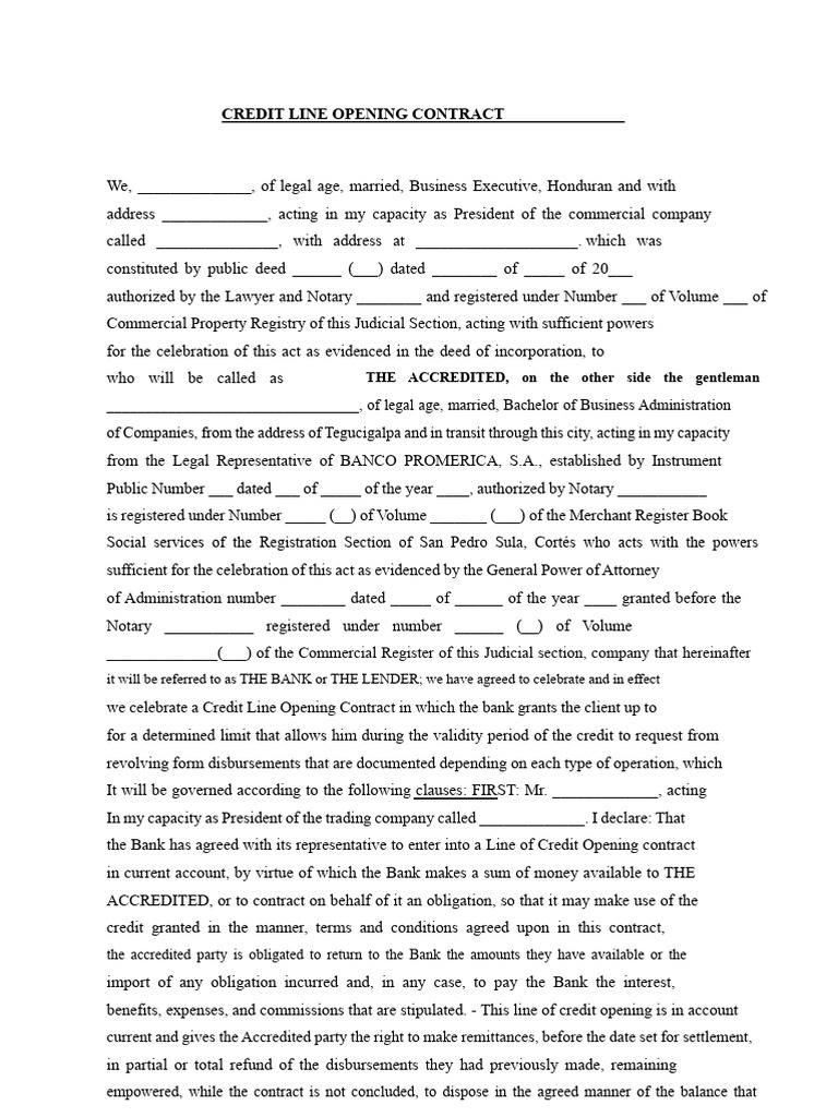 Credit Line Opening Contract Template | PDF | Payments | Banks