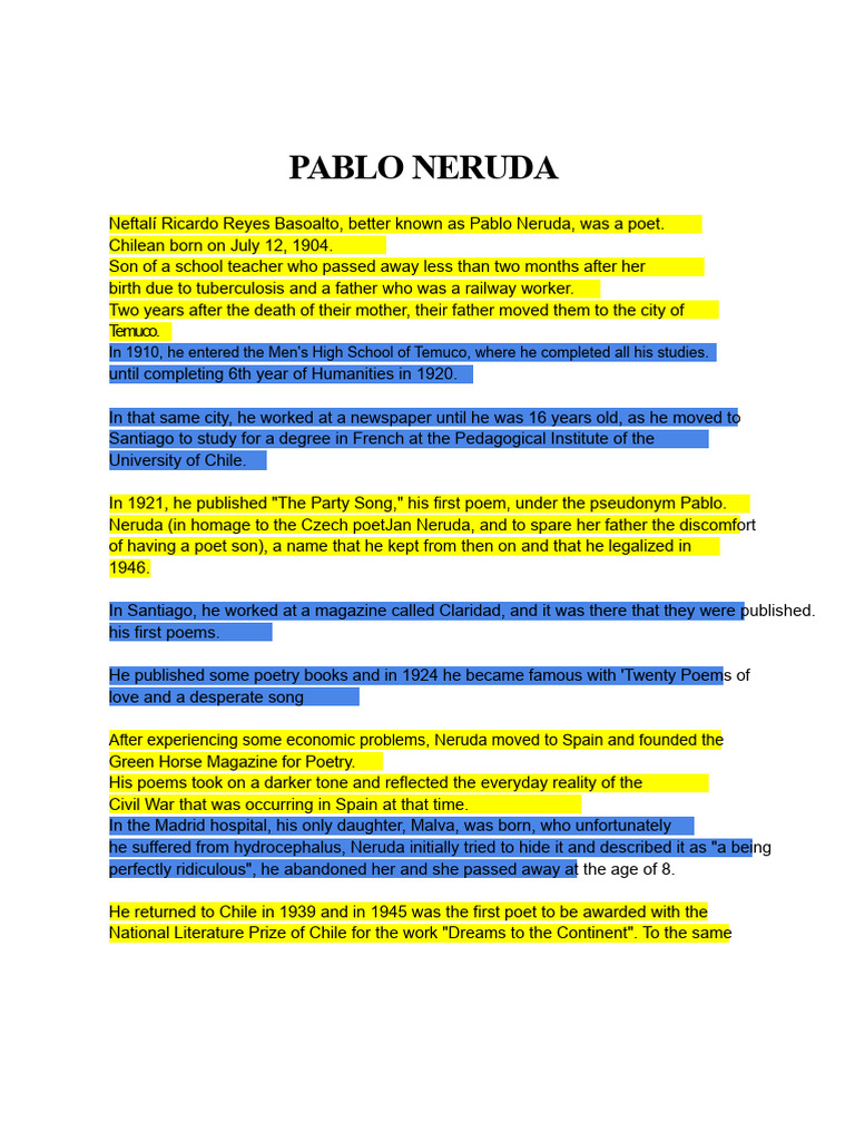 Pablo Neruda: Life and Works Overview | PDF