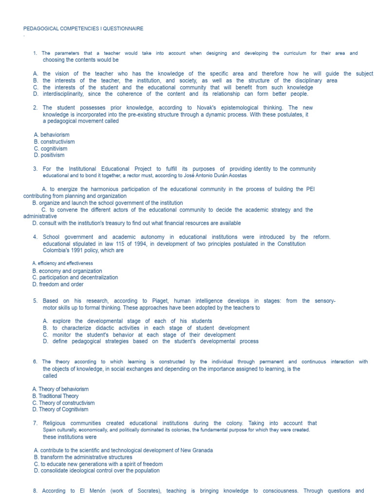 Questionnaire on Pedagogical Competencies I | PDF | Knowledge ...