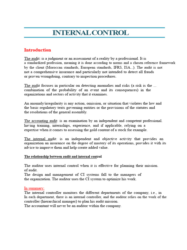 INTERNAL CONTROL (Summary) | PDF | Internal Control | Risk