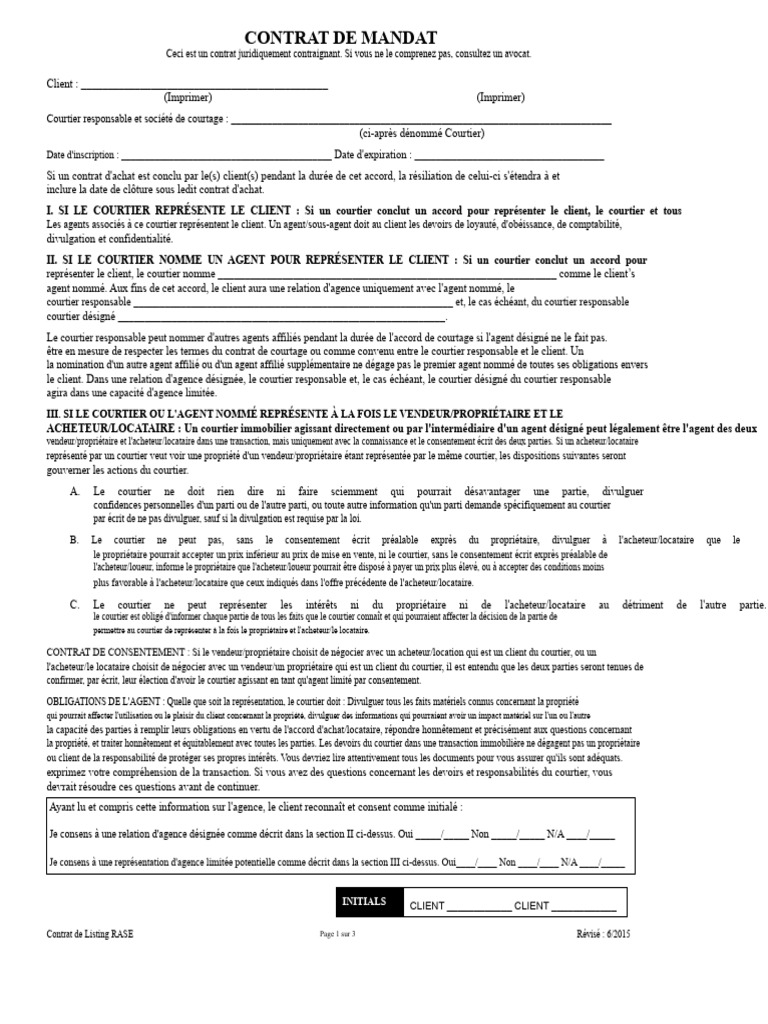 Contrat de mandat de courtage immobilier | PDF | Courtier | Sodles