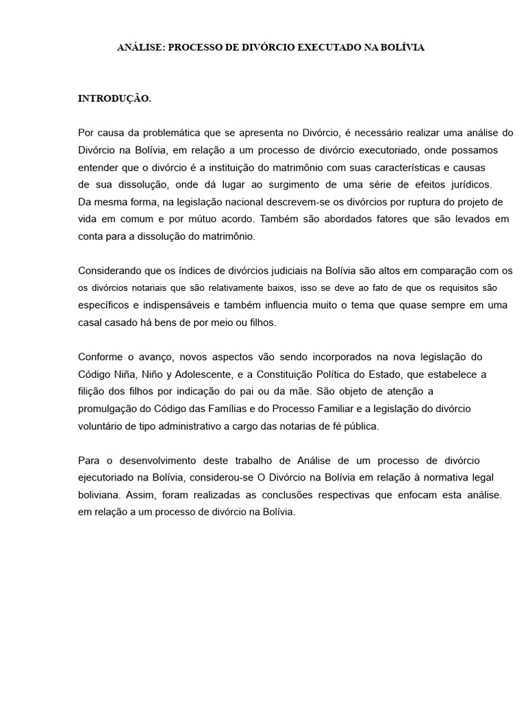 Divórcio na Bolívia: Análise Legal e Processual | PDF | Divórcio | Família