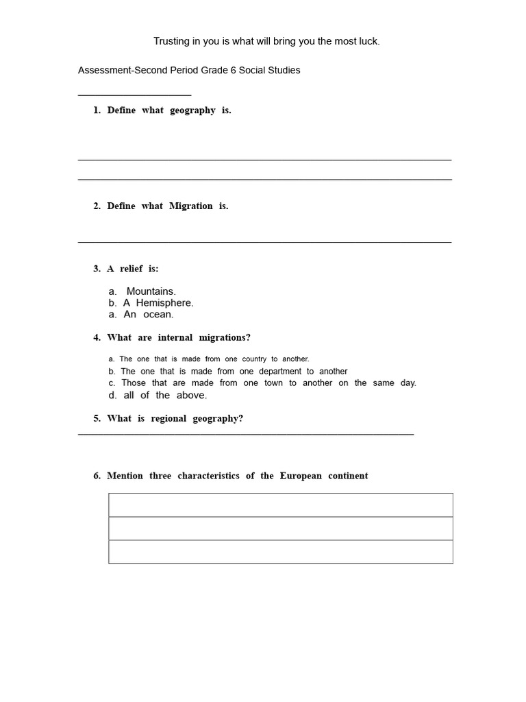 Grade 6 Social Studies Assessment Guide | PDF | Longitude | Geography