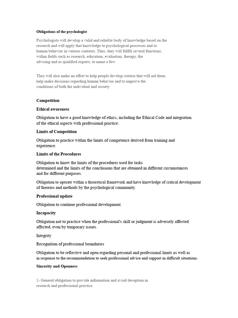Psychologist Ethical Obligations Explained | PDF