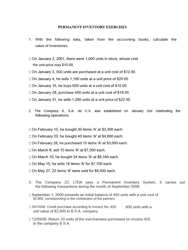 Permanent Inventory and Financial Exercises | PDF | Credit | Finance ...