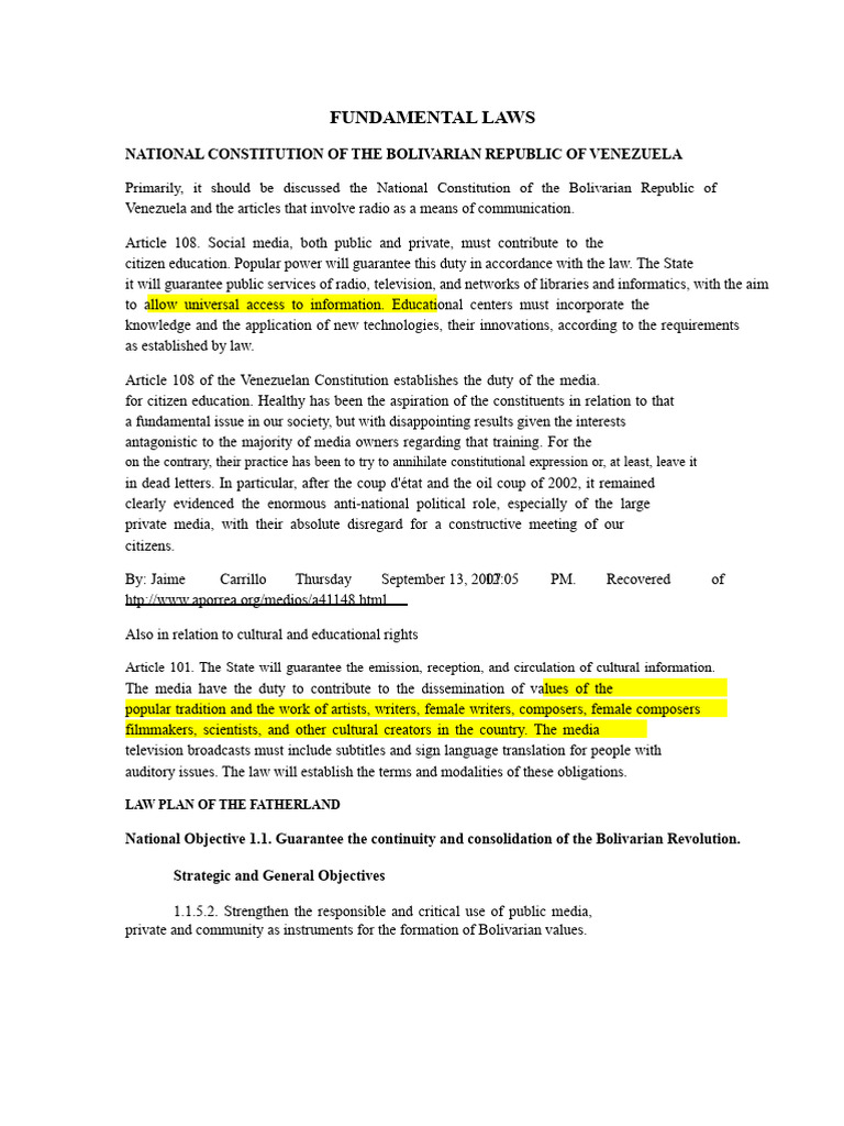 Venezuelan Constitution on Media Rights | PDF | Radio Spectrum | Alcoholism
