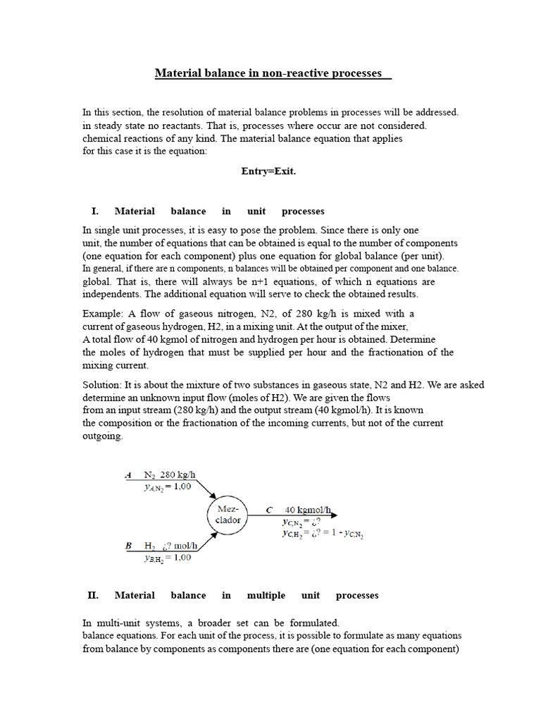 Material Balance in Non-Reactive Processes | PDF | Equations | Mole (Unit)