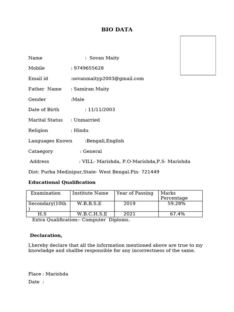 Sovan Maity Bio Data Summary | PDF