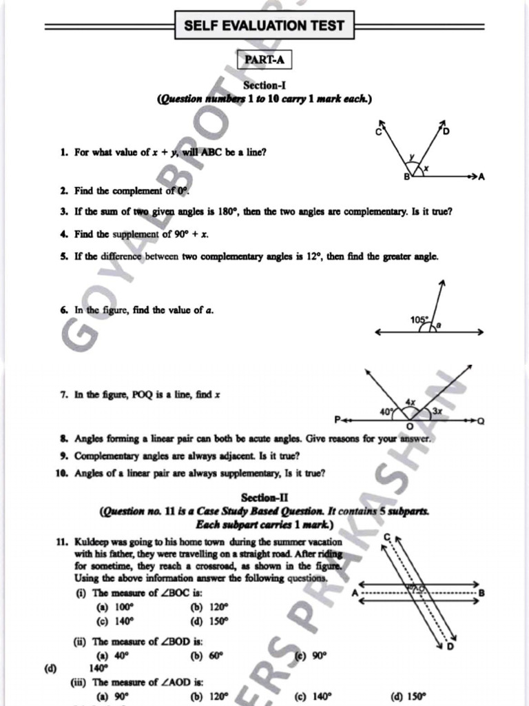 IX - Lines and Angles - Self Evaluation Test | PDF | Angle | Rotation