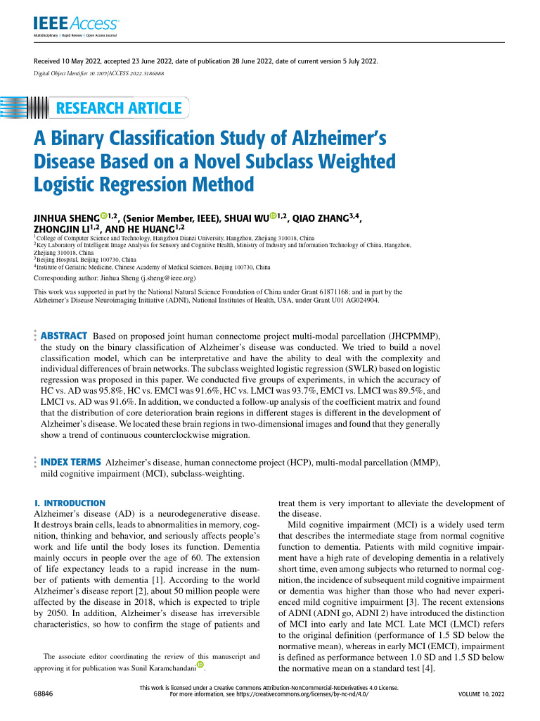 A Binary Classification Study of Alzheimers Disease Based On A Novel Subclass Weighted Logistic ...
