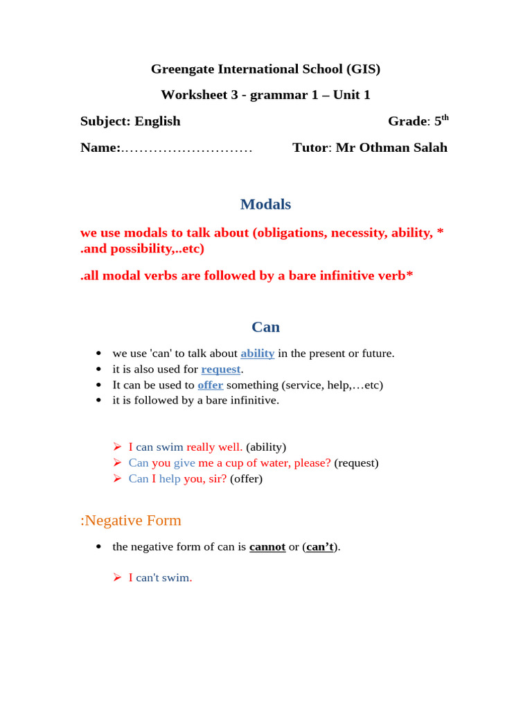 5th Modals Grammar 1-Worksheet 3 | PDF | Semantic Units | Syntax