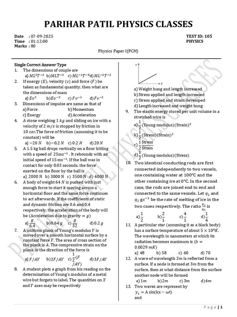 07-09-2025 Physics Paper I (PCM) | PDF | Force | Waves