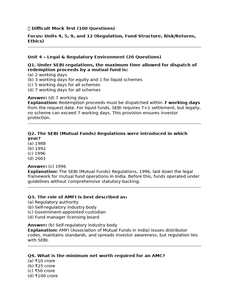 Difficult Mock Test on Mutual Fund Regulations | PDF | Financial Risk ...