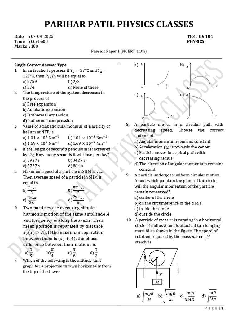 07-09-2025 PCB Physics Paper I (NCERT 11th) | PDF | Acceleration | Force