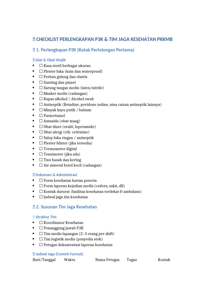 Checklist P3K Dan Tim Kesehatan PKKMB | PDF