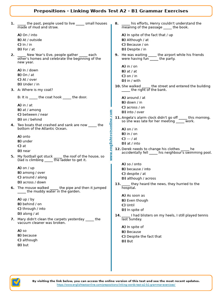 483 Prepositions Linking Words Test A2 b1 Grammar Exercises | PDF