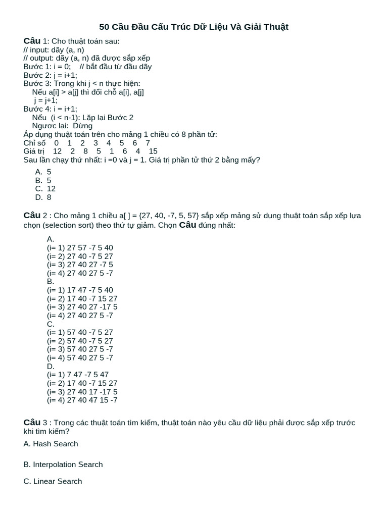 50 Câu đầu CTDL> | PDF