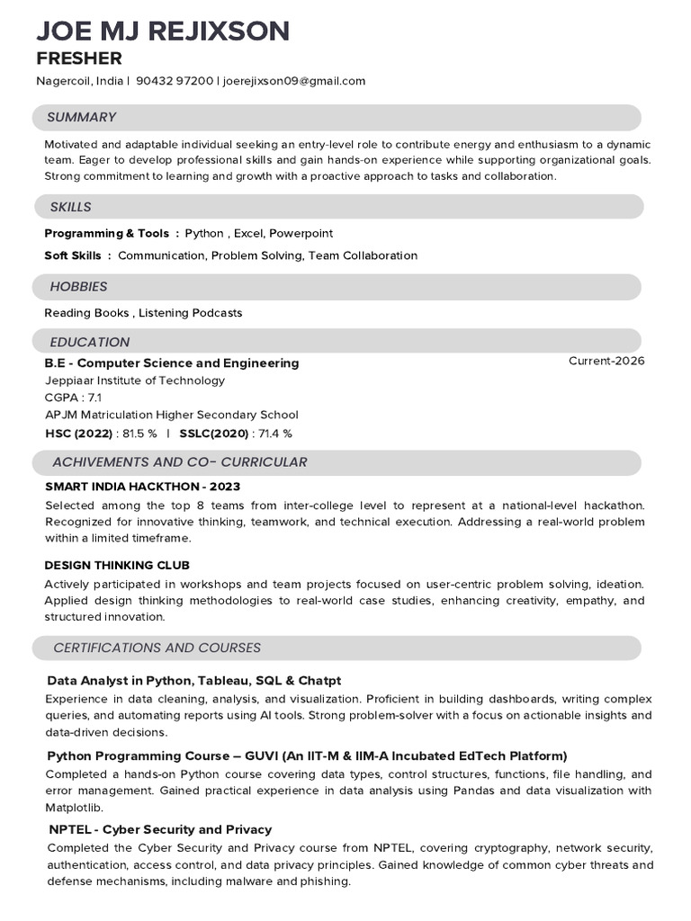 Joe M.J Rejixson (Resume) | PDF