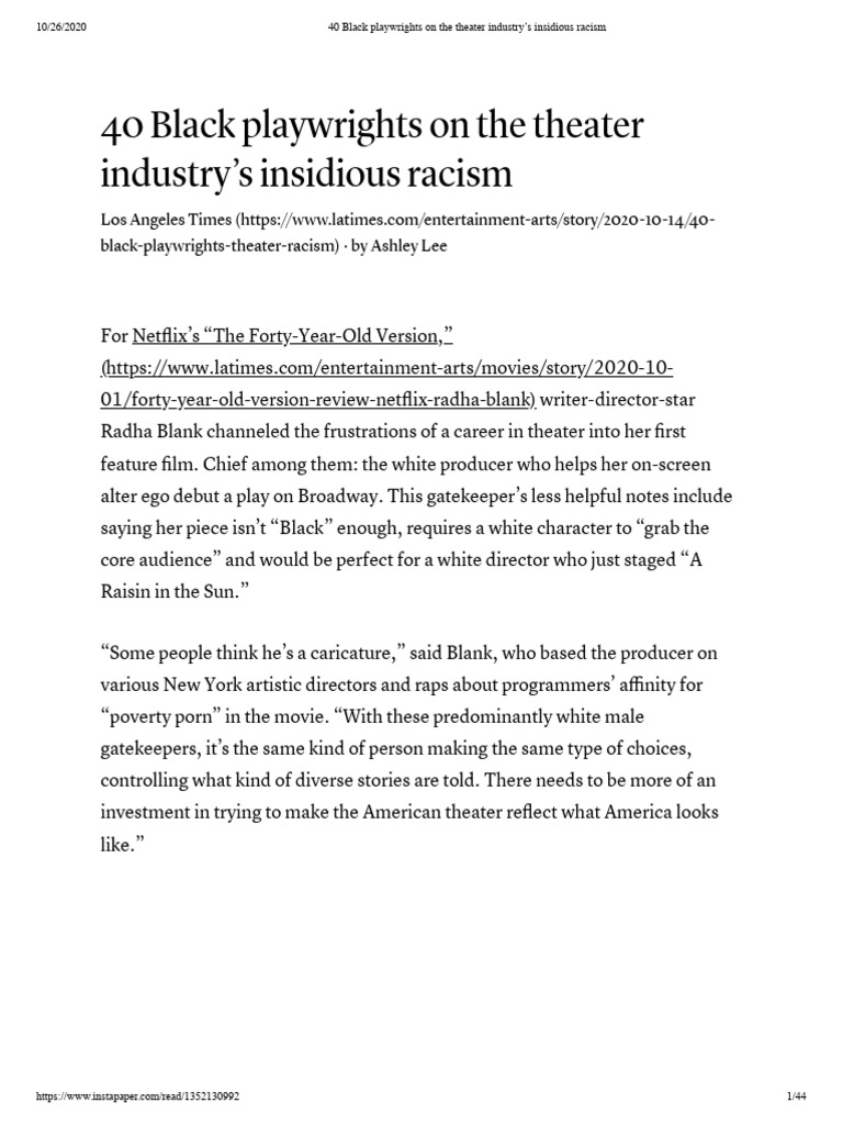 40 Black Playwrights On The Theater Industrys Insidious Racism | PDF | Coretta Scott King