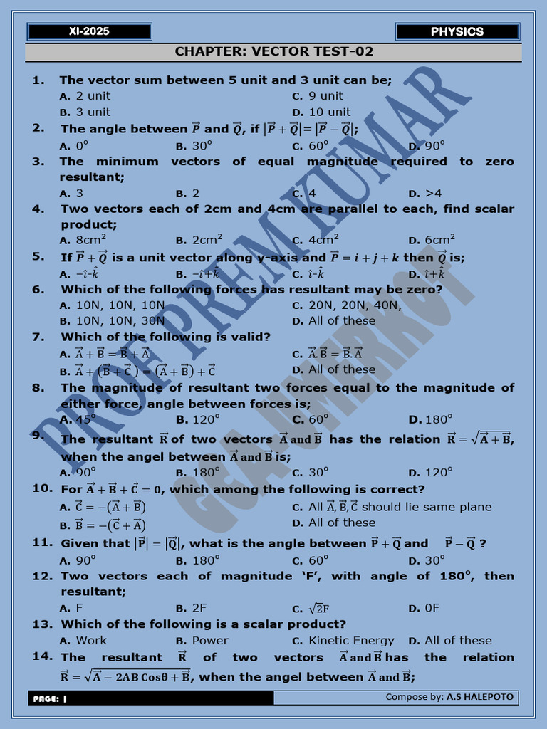 Vector Sum and Scalar Product Test | PDF | Euclidean Vector | Abstract ...