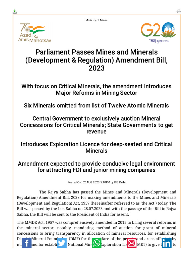 MMDR Act 1957 Amendment | PDF | Mining | Chemical Elements