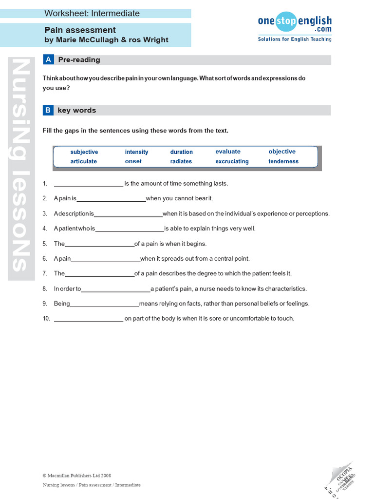 Pain Assessment Worksheet for Nurses | PDF | Pain | Human Diseases And ...
