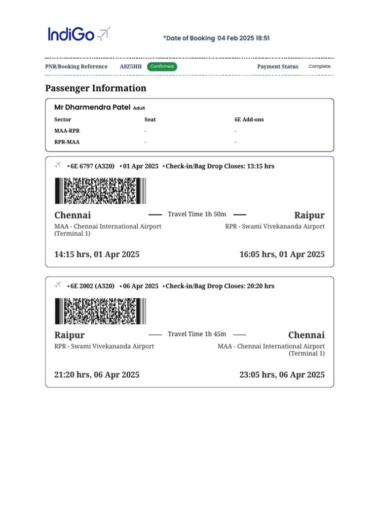 Flight Booking Confirmation for MAA-RPR | PDF