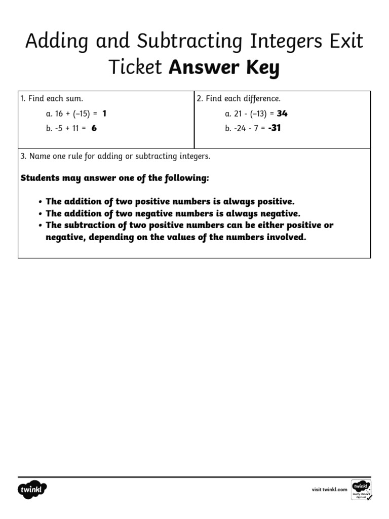 Answer Key Adding and Subtracting Integers Exit Ticket | PDF