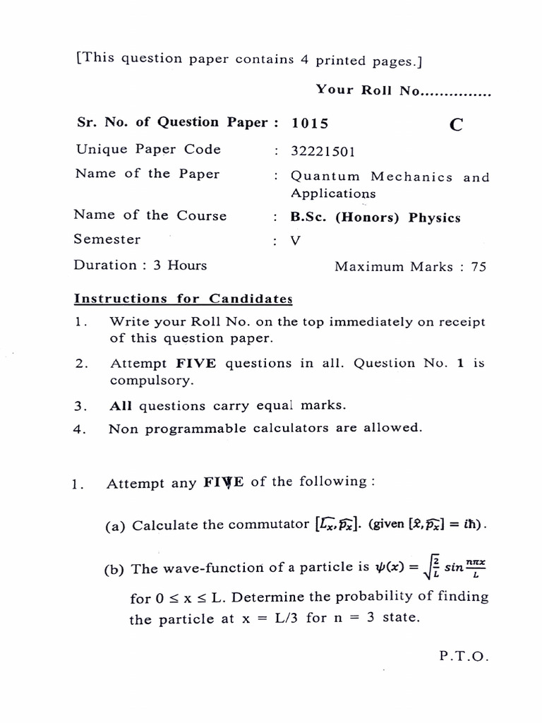 Quantum Mechanics Exam Paper B.Sc. Physics | PDF | Quantum Field Theory ...