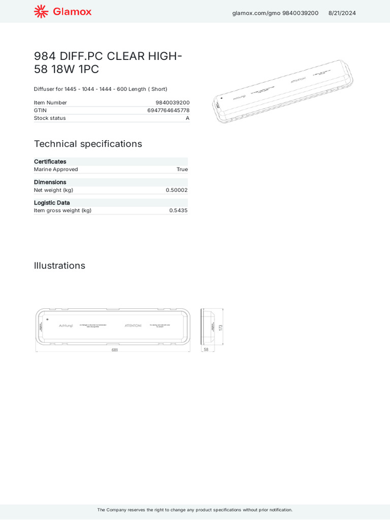 984 Diff - PC Clear High-58 18w 1pc | PDF
