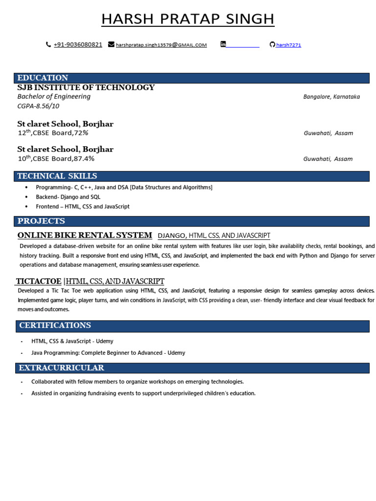 1jb21cs053 Harsh Pratap Singh Resume | PDF