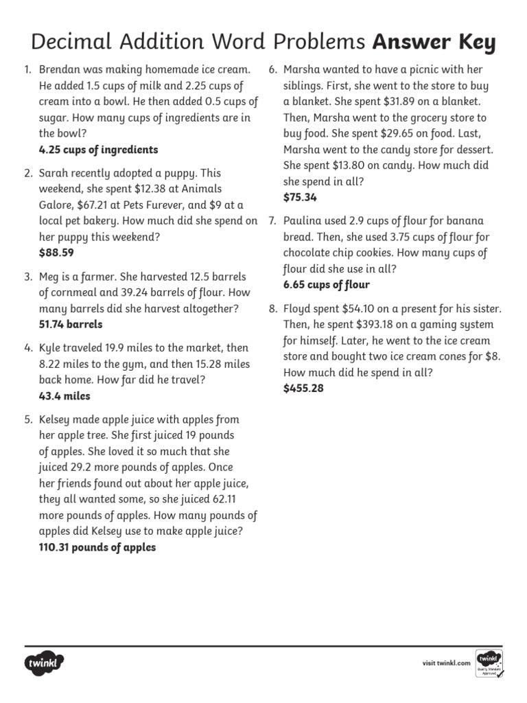 Decimal Addition Word Problems Key | PDF | Foods