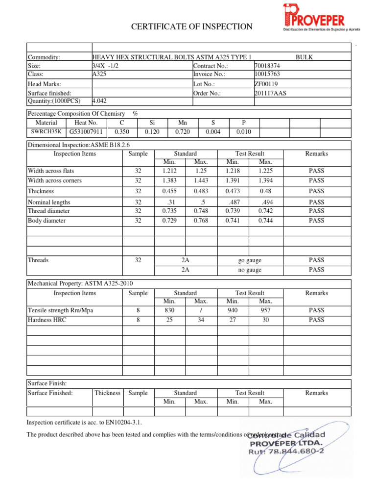 Certificado PS HEX A325 ZN 3.4X1-1.2 | PDF | Screw | Materials Science
