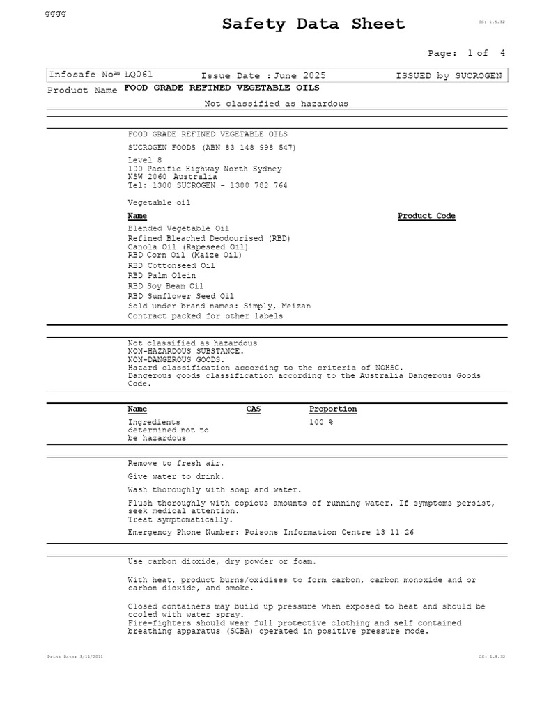 Food Grade Refined Vegetable Oils SDS | PDF | Vegetable Oil ...