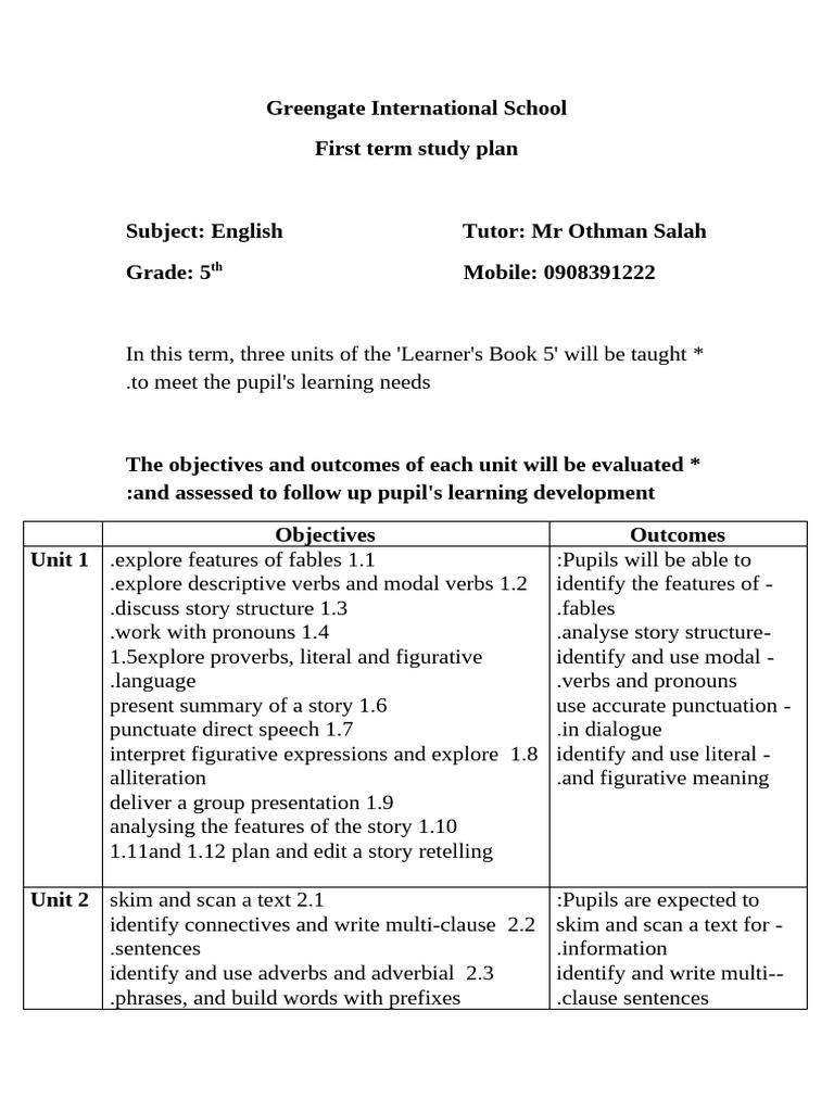 5th Grade Term Study Plan With Objectives&Outcomes | PDF | Verb | Languages