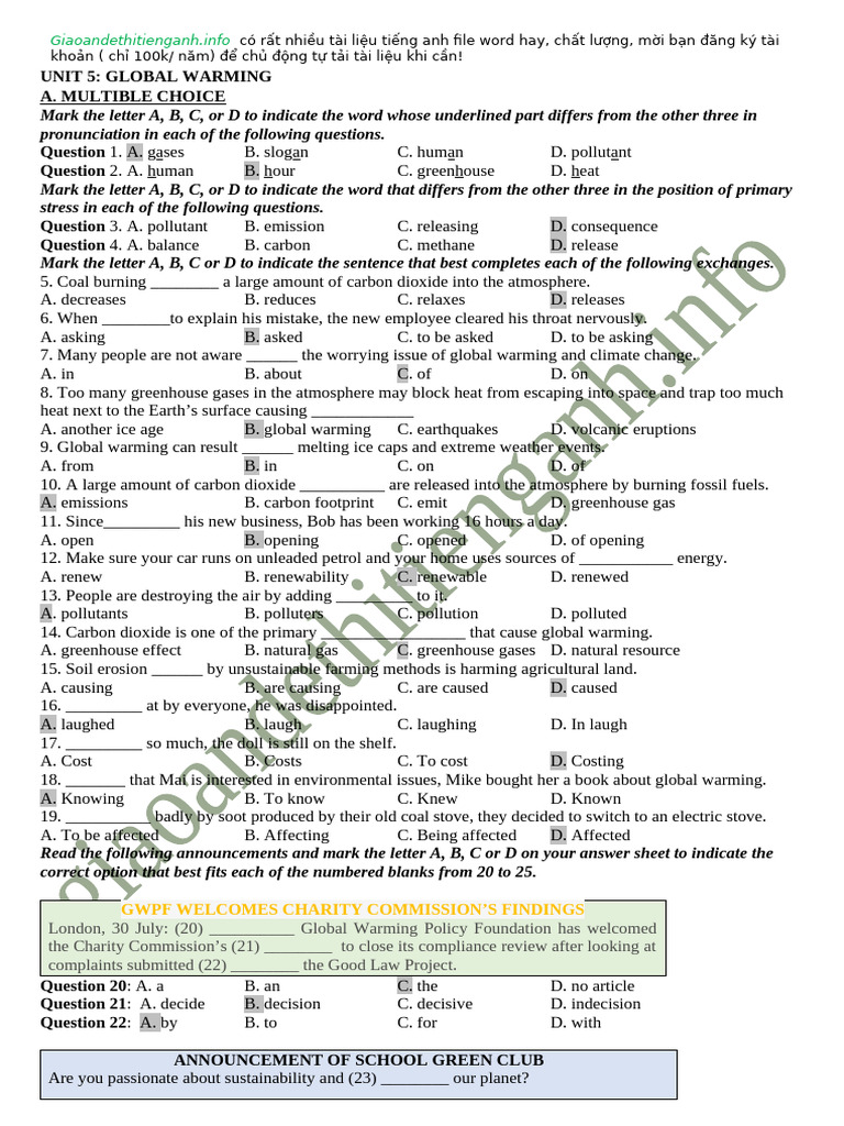 Global Warming and Fossil Fuels Quiz | PDF | Climate Change ...