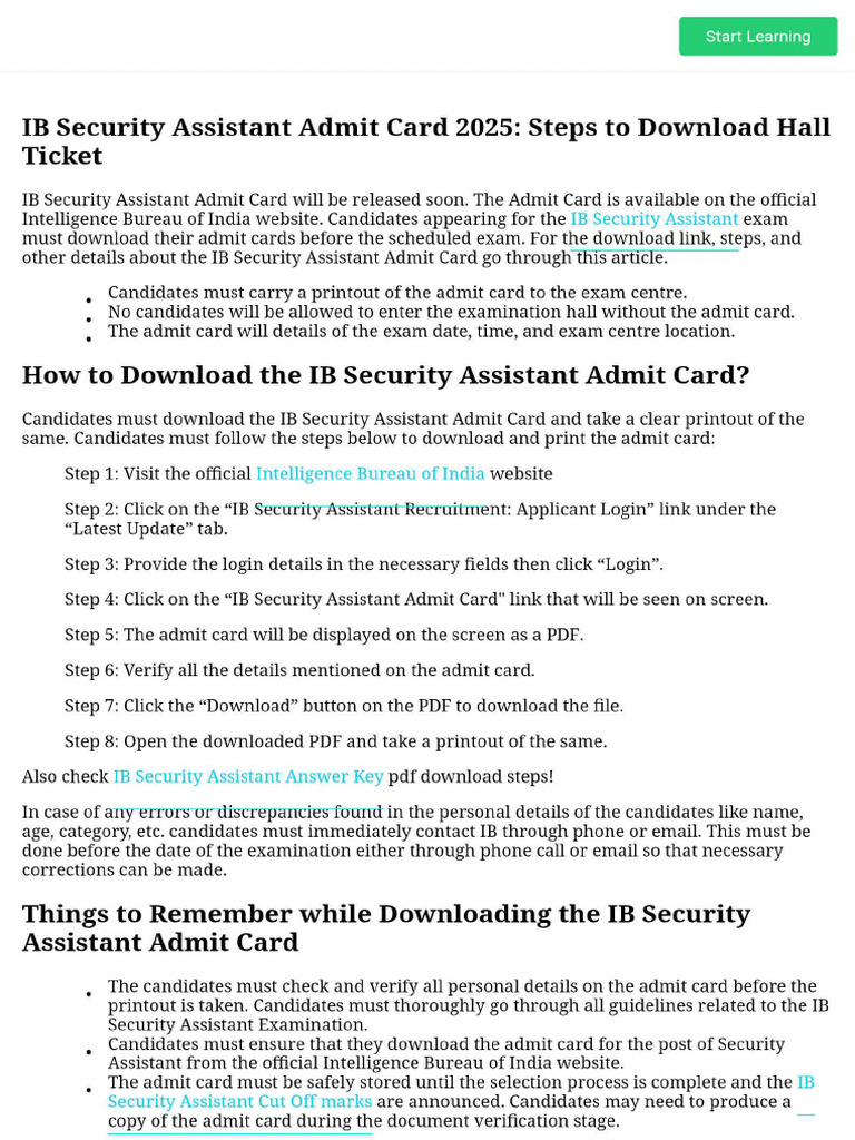 IB Security Assistant Admit Card 2025 - Steps To Download Hall Ticket | PDF