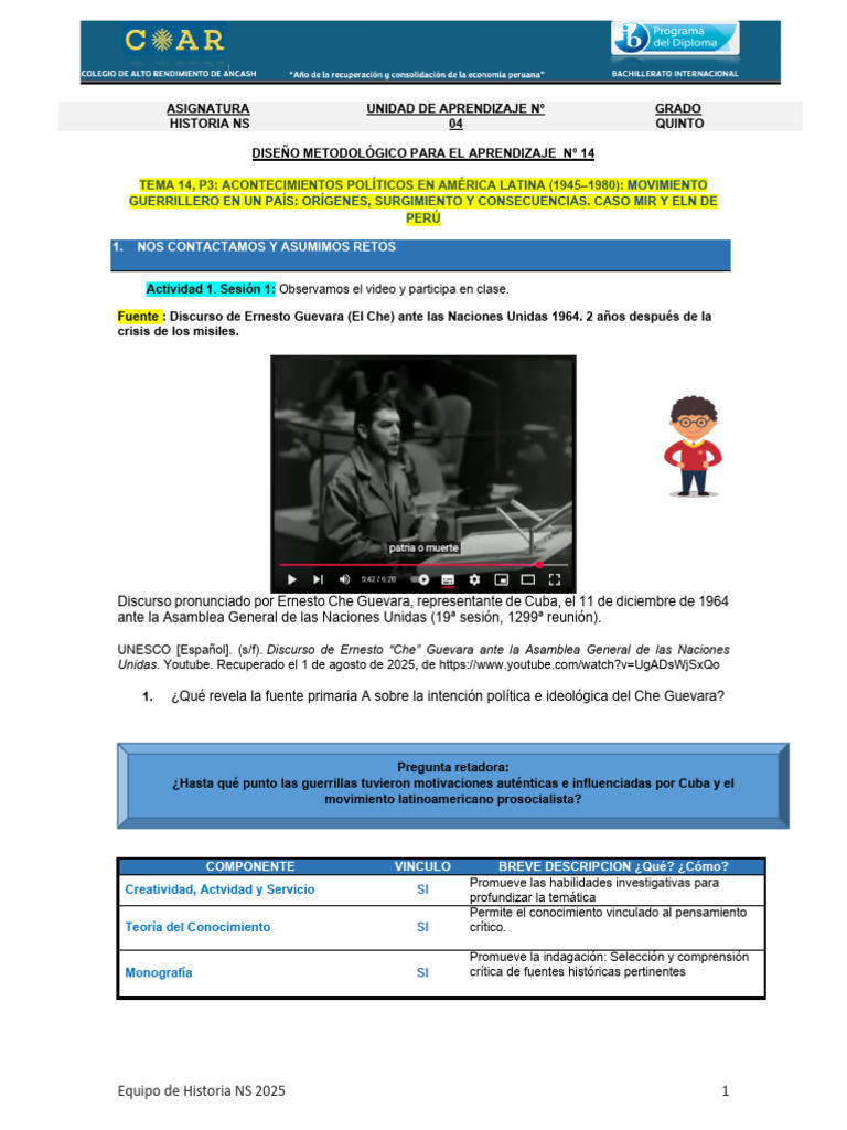 Dmpa 14 Historia Ns Unidad 04 5to Grado Coarancashib2025 | PDF | Guerra de guerrillas | Che Guevara