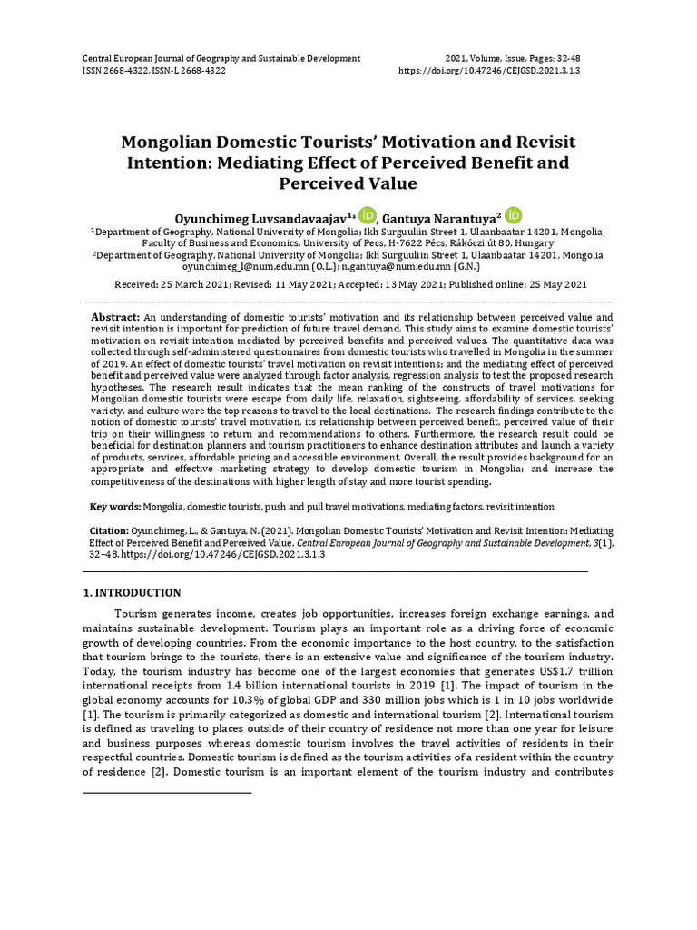Mongolian Tourists' Motivation & Revisit Intentions | PDF | Tourism ...