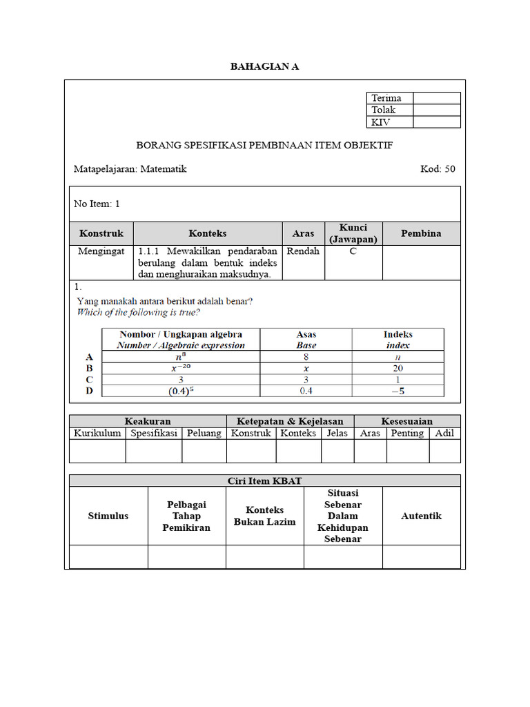 UASA Matematik Ting 3 - JSI Bahagian A | PDF
