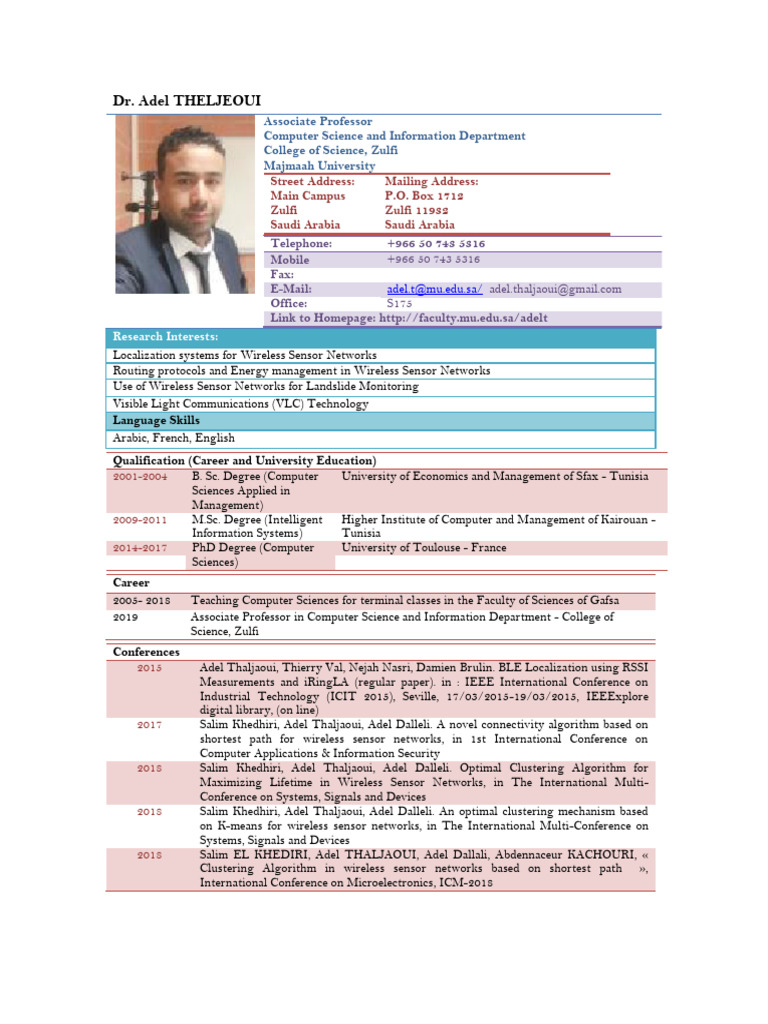 Cv_dr Adel Theljeoui | PDF | Wireless Sensor Network | Internet Of Things