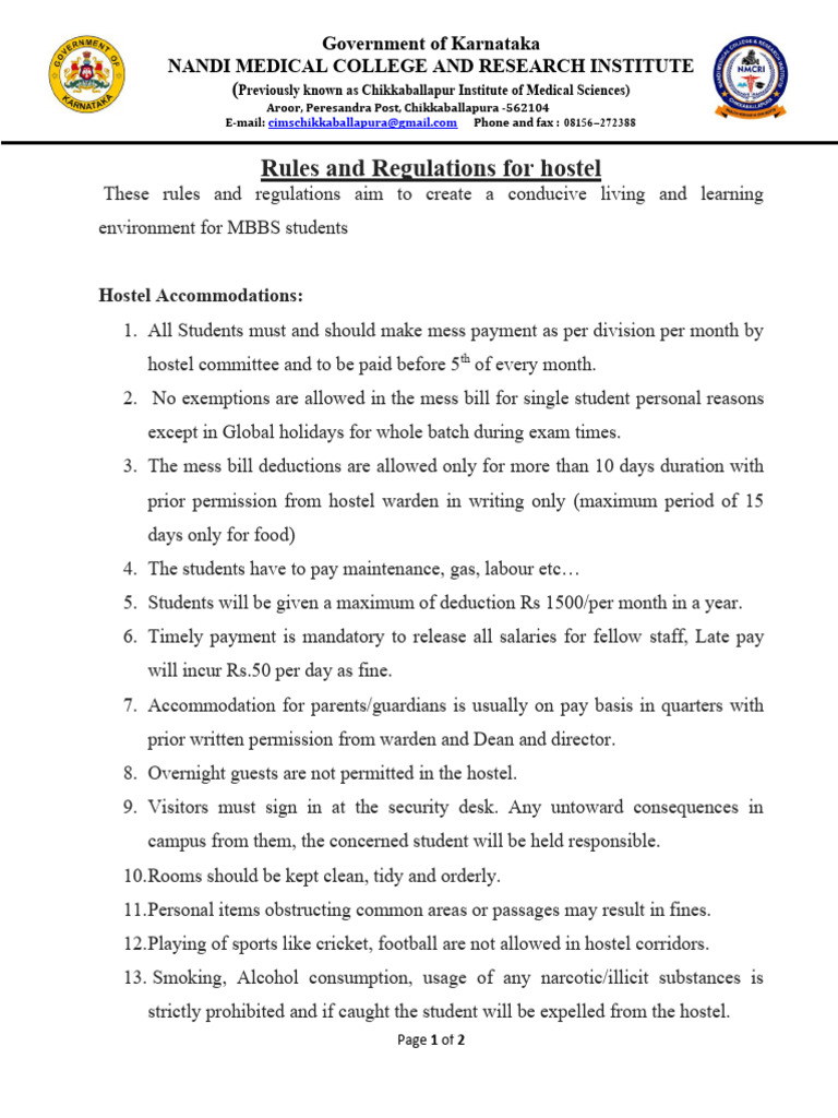 Nandi Medical College Hostel Rules | PDF