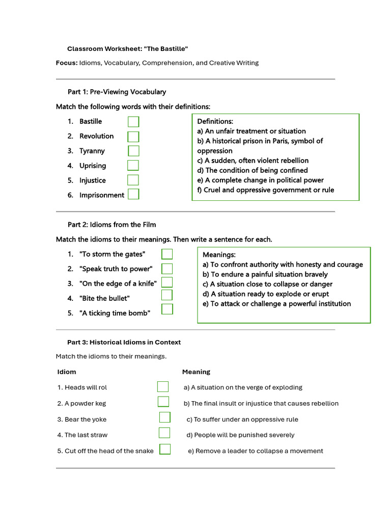 Bastille Worksheet: Idioms & Vocabulary | PDF