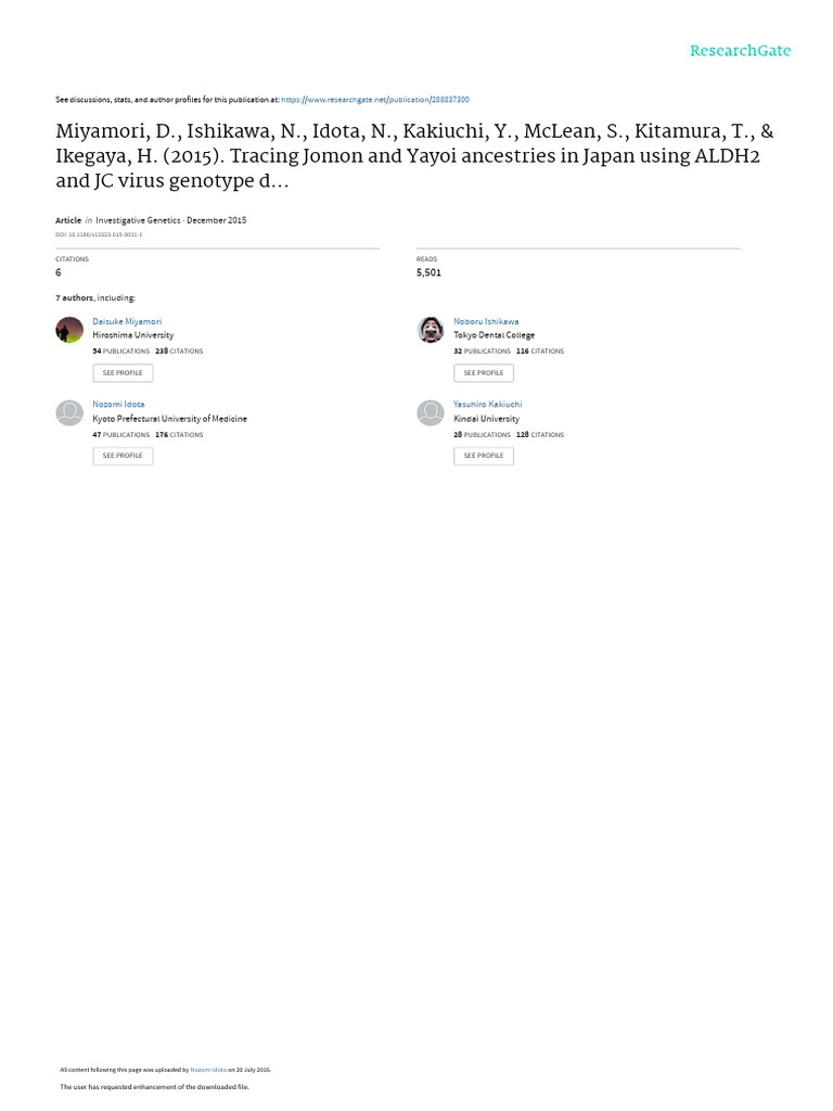 Tracing Jomon and Yayoi Ancestries in Japan Using ALDH2 and JC Virus ...