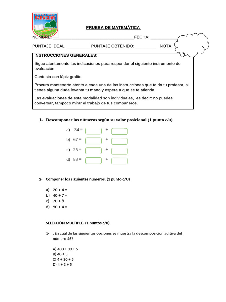 Prueba de Matemáticas para Evaluación Escolar | PDF