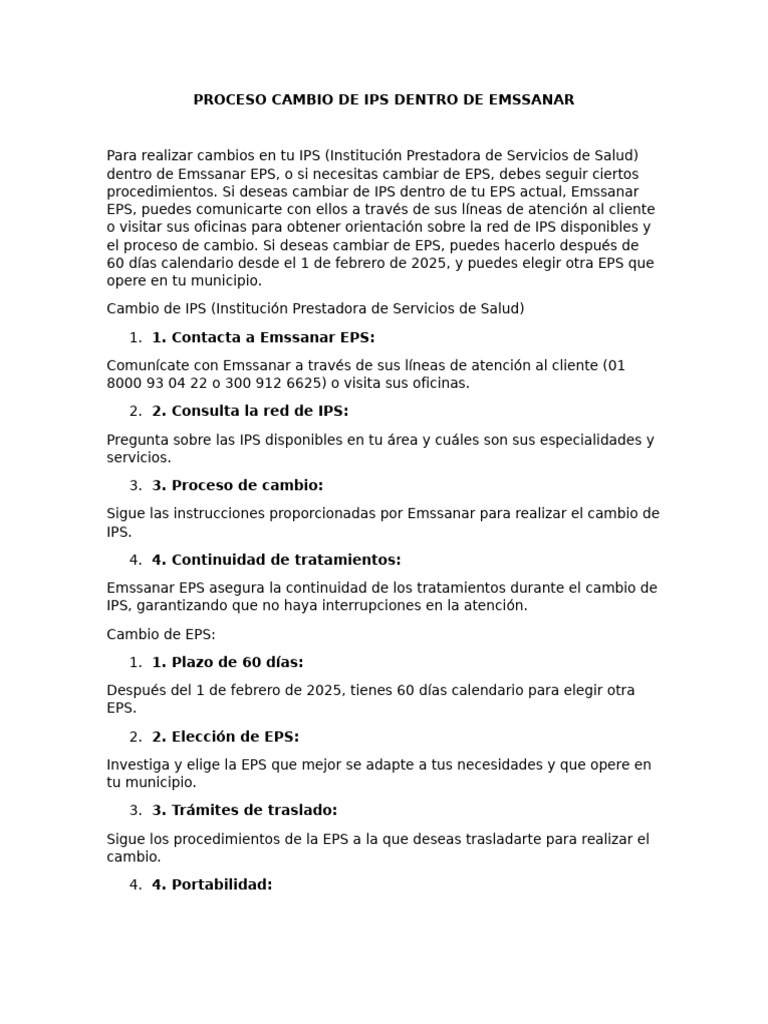 Cambio de IPS en Emssanar EPS | PDF