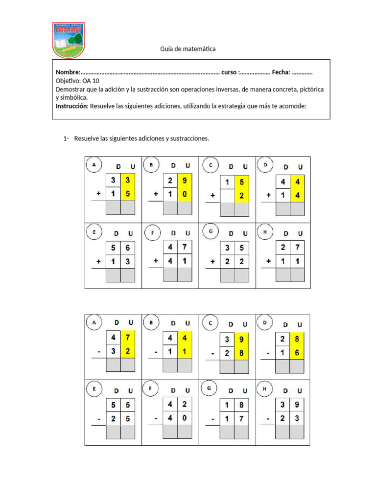 Guía 3°adiciones y Sustracciones | PDF