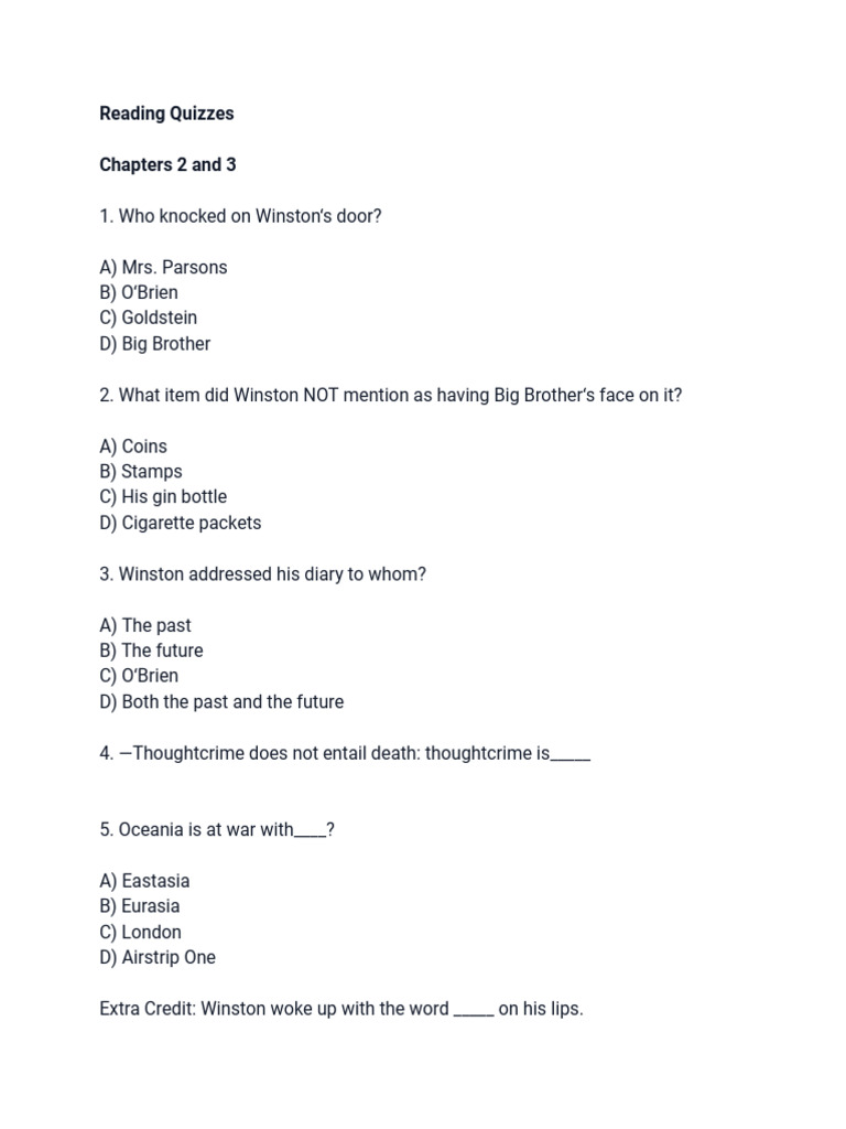 1984 Reading Quizzes: Chapters 2-7 | PDF