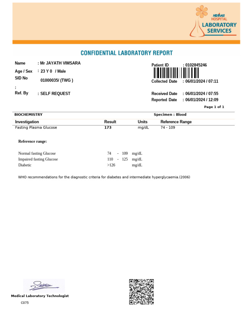 Blood Test Results for Mr. Jayath Vimsara | PDF